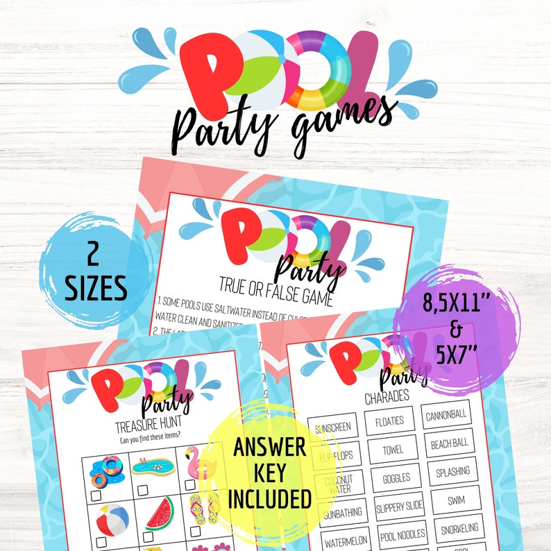 Pool Party Printable Games for Kids, Summer Theme Party Games Bundle ...