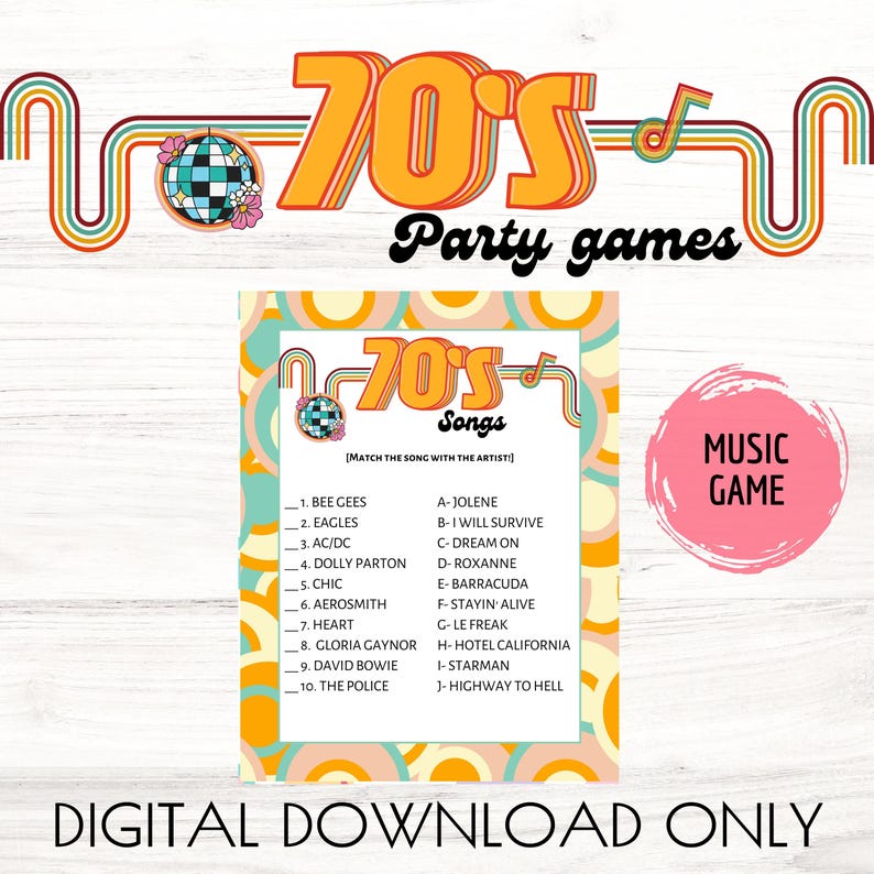 70s Theme Party Games Bundle, Printable 70s Disco Birthday Party ...
