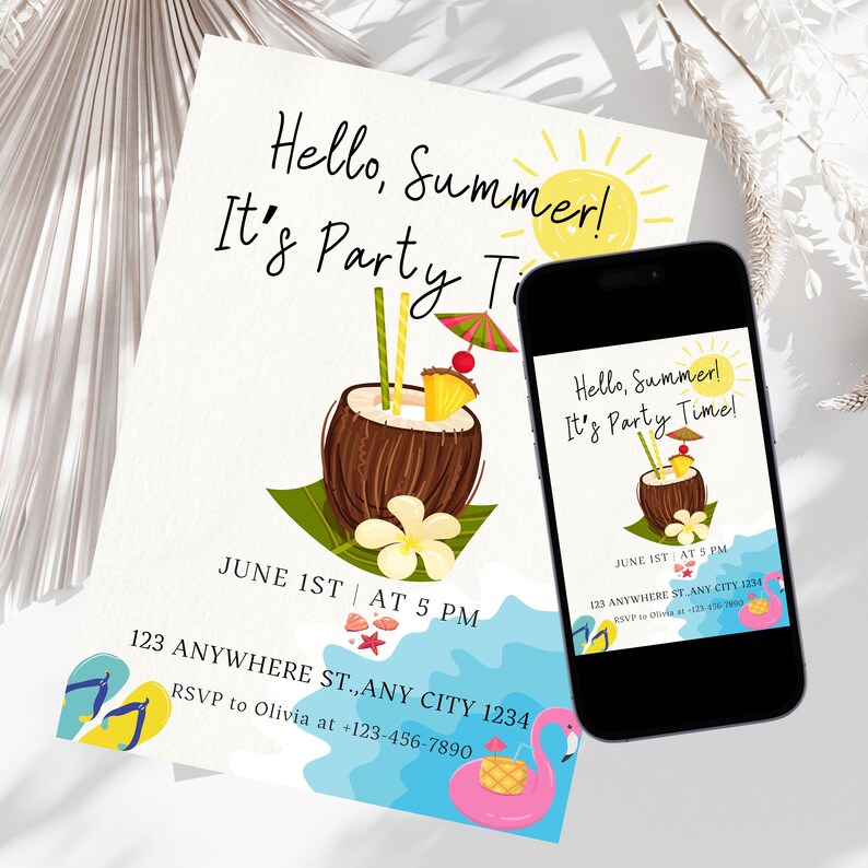 Summer Theme Party Invitation, Printable Beach Party Invite, Hello ...