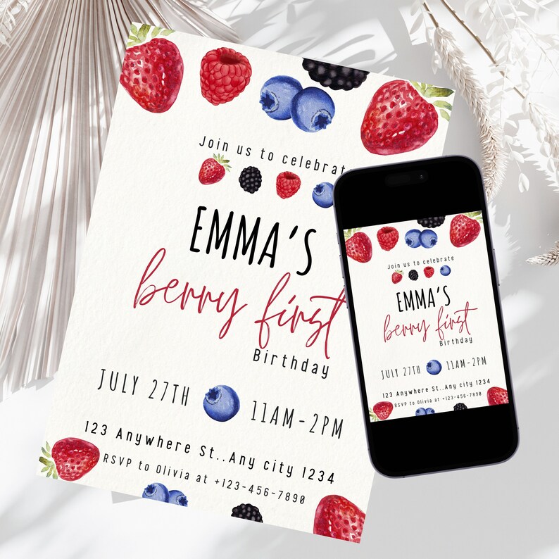 Berry First Birthday Party Invitation, Printable 1st Birthday Party ...