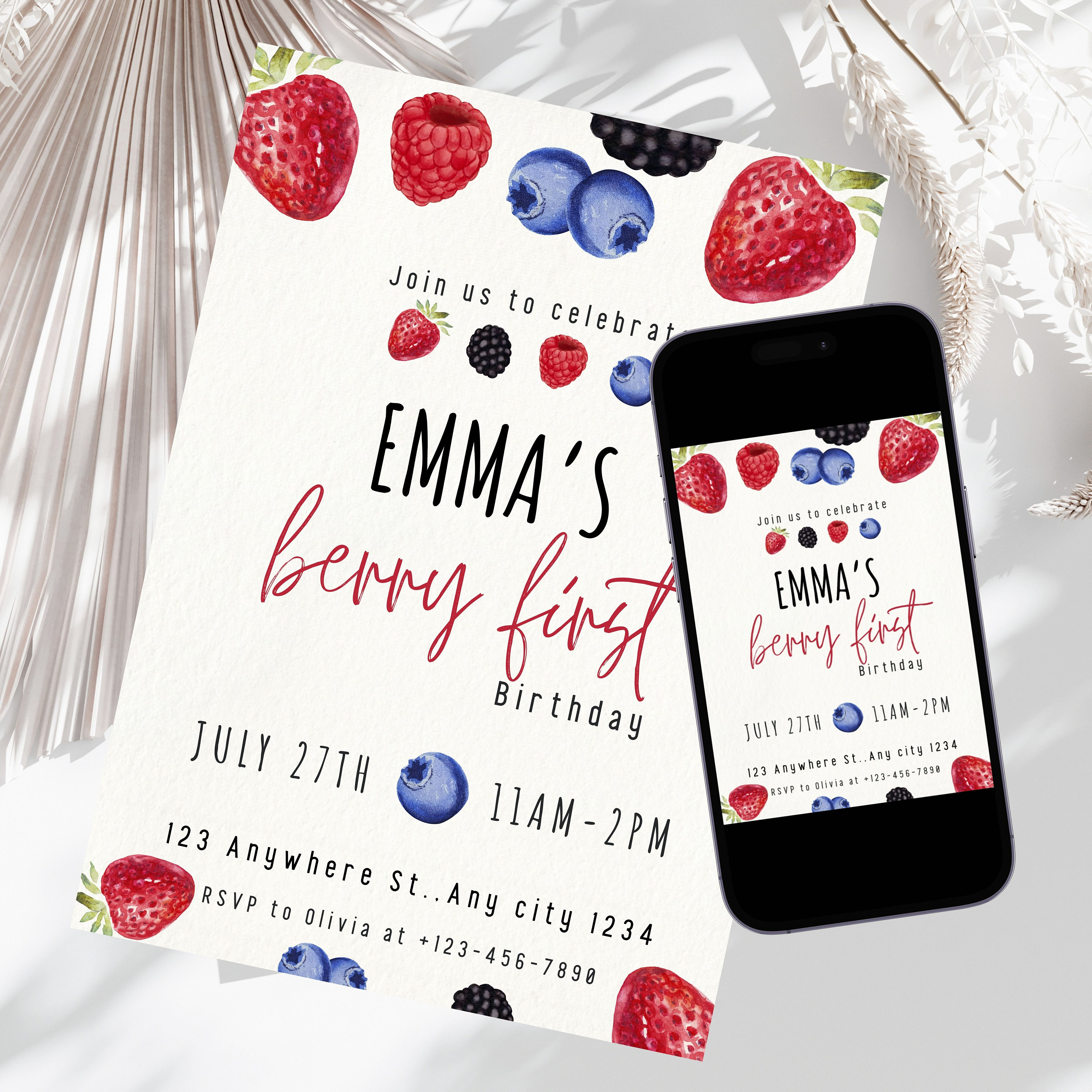Berry First Birthday Party Invitation, Printable 1st Birthday Party ...