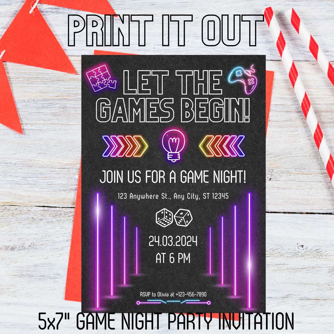 Game Night Party Invitation, Neon Let the Games Begin Digital Evite ...
