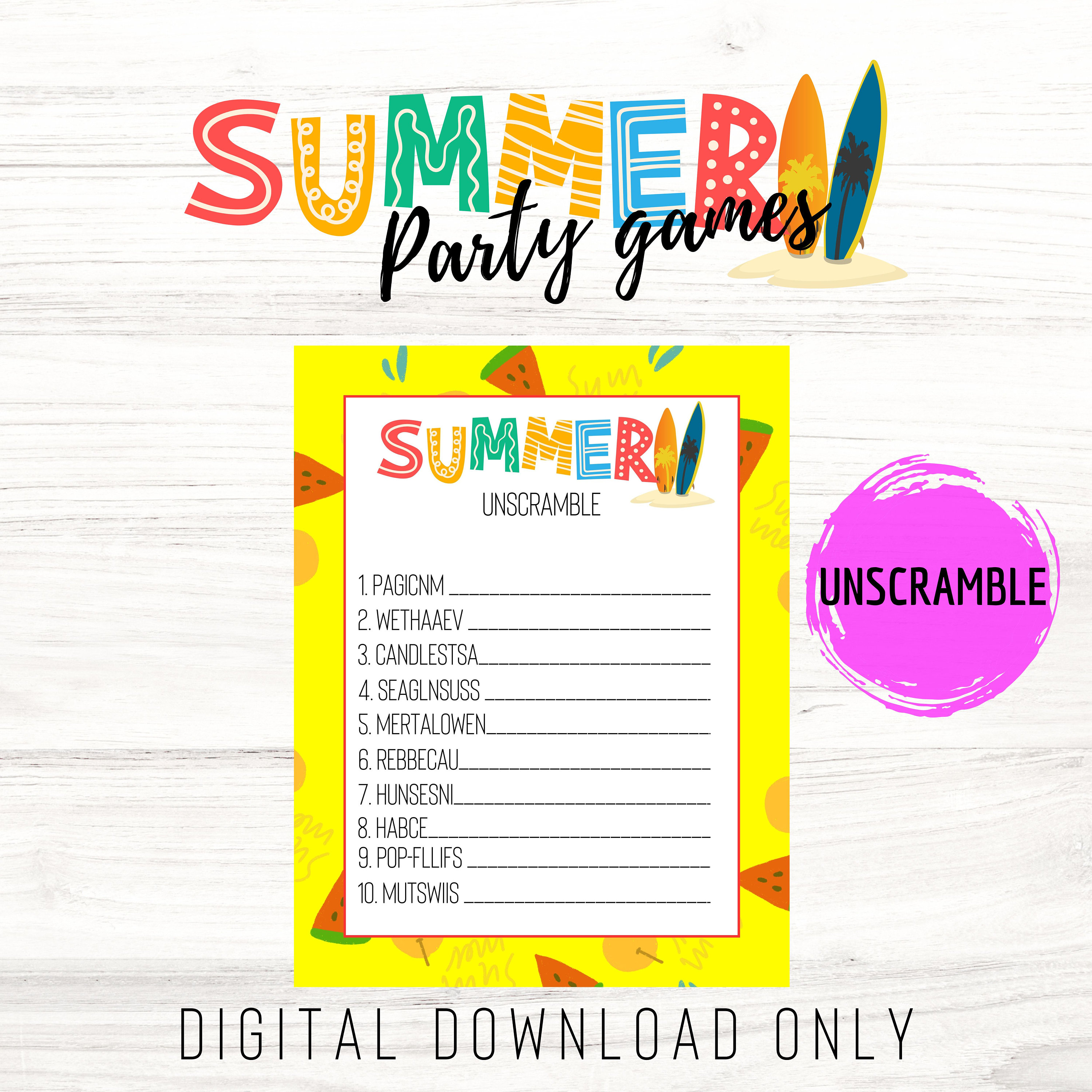Summer Party Games Printable, Summer Theme Birthday Party Games Bundle ...