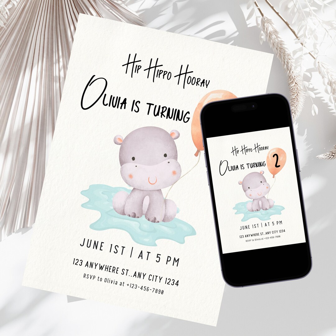 Animal Birthday Party Invitation for Kids, Printable Hip Hippo Hooray ...