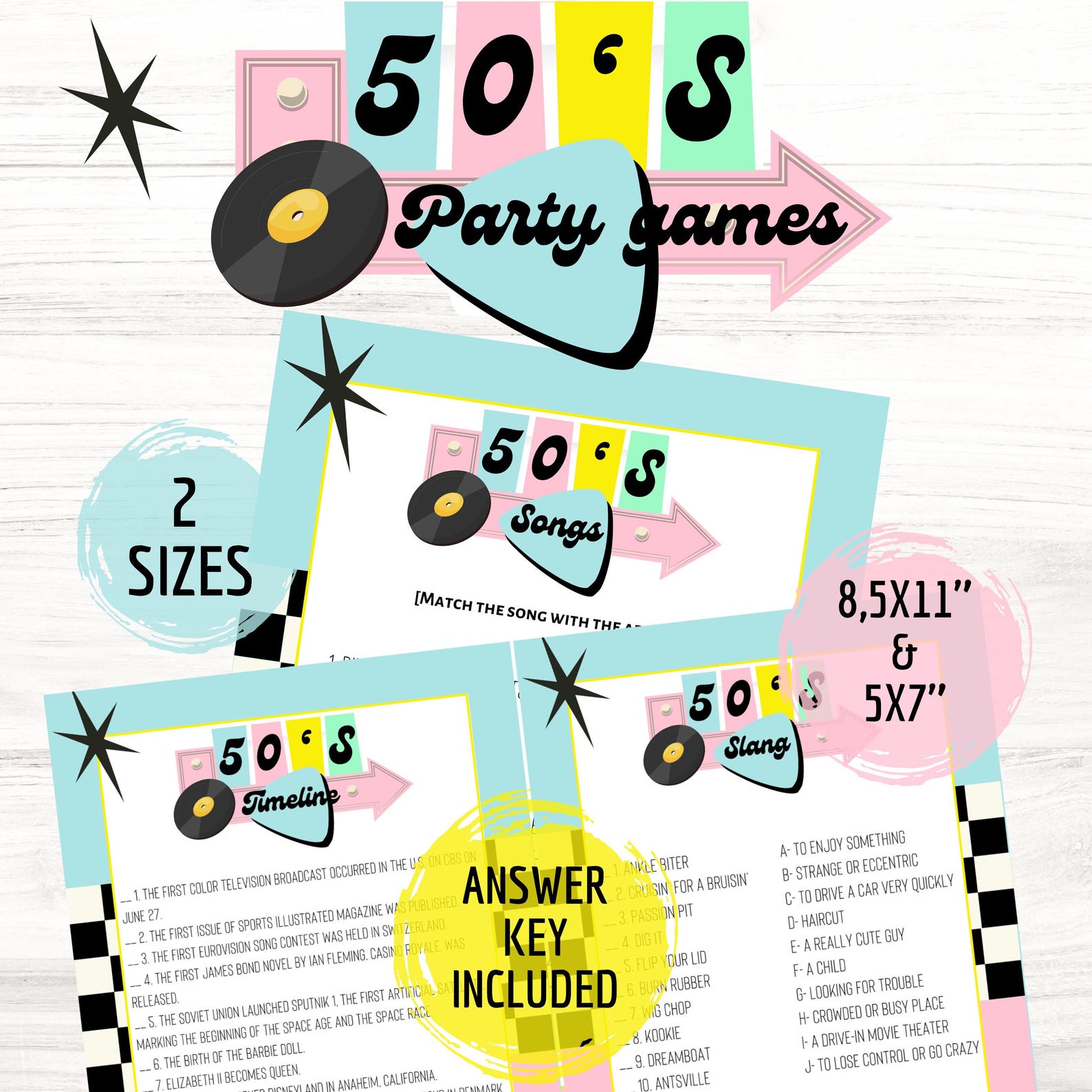 50s Theme Party Games Bundle, Printable 50s Rock and Roll Birthday ...