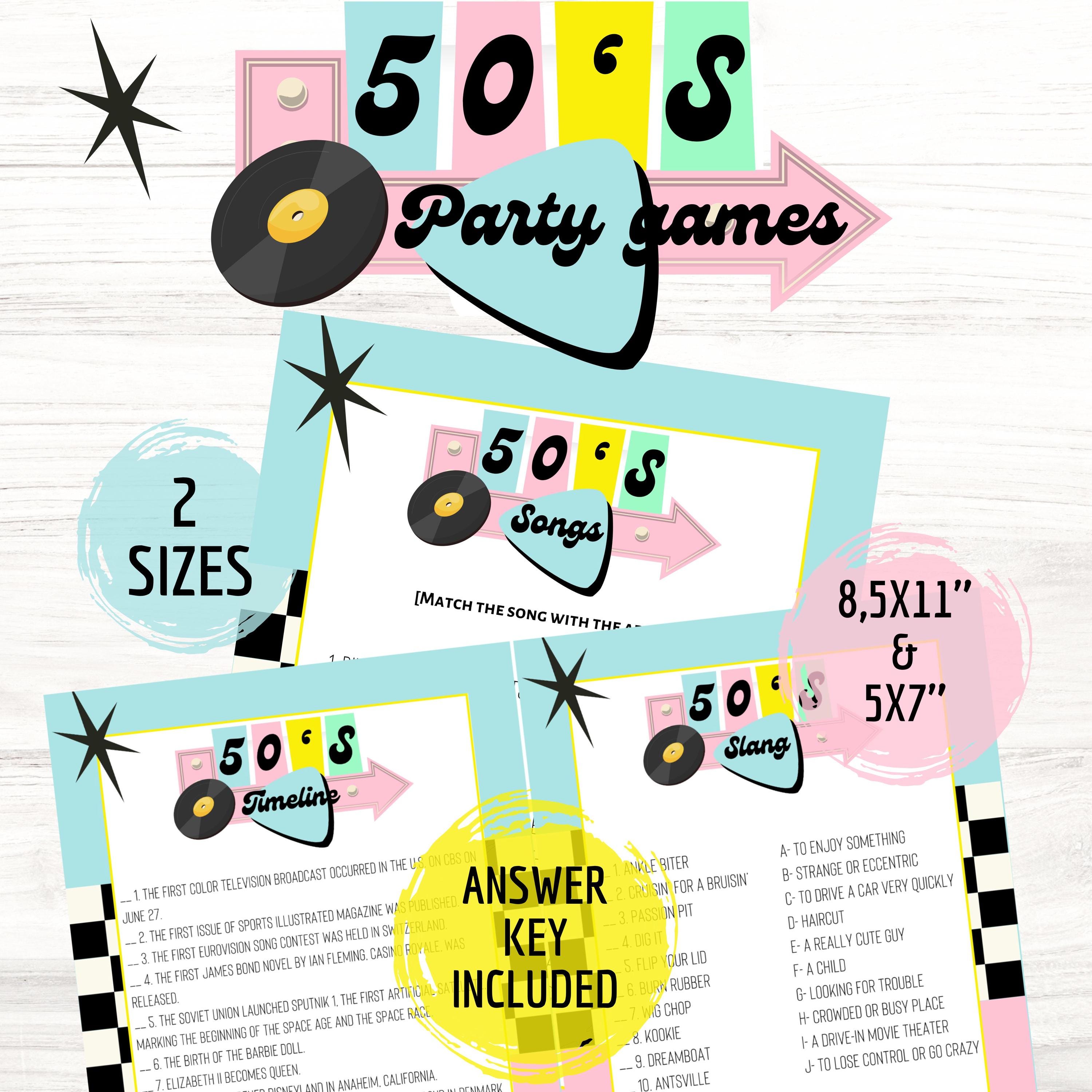 50s Theme Party Games Bundle, Printable 50s Rock and Roll Birthday ...
