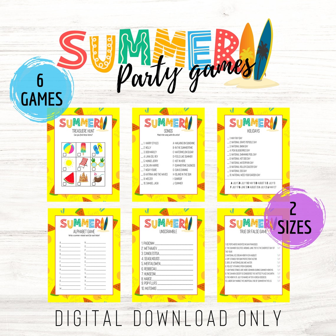 Summer Party Games Printable, Summer Theme Birthday Party Games Bundle ...