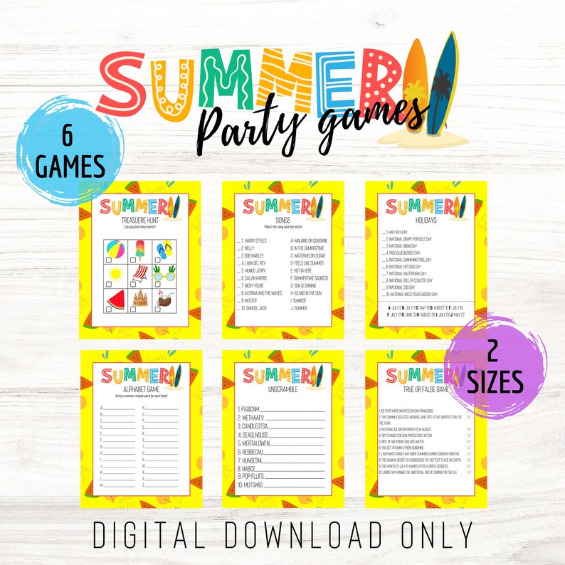 Summer Party Games Printable, Summer Theme Birthday Party Games Bundle ...