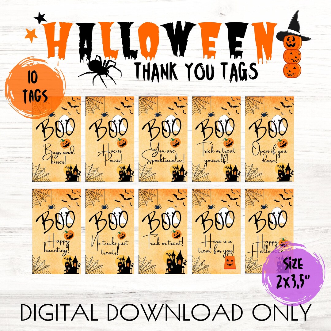 Printable Halloween Treat Bag Tags, Halloween Theme Party Thank You ...