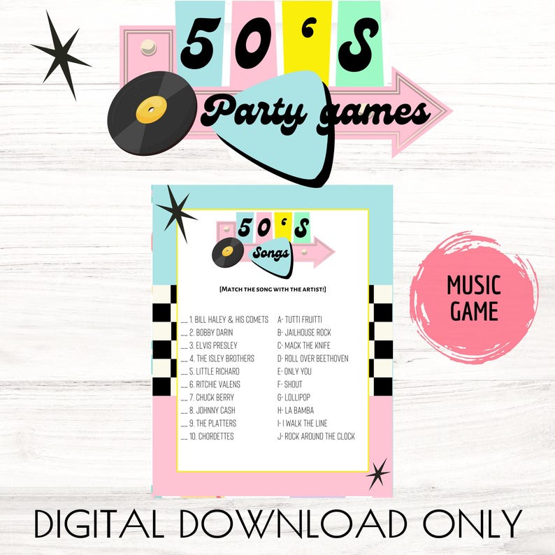 50s Theme Party Games Bundle, Printable 50s Rock and Roll Birthday ...