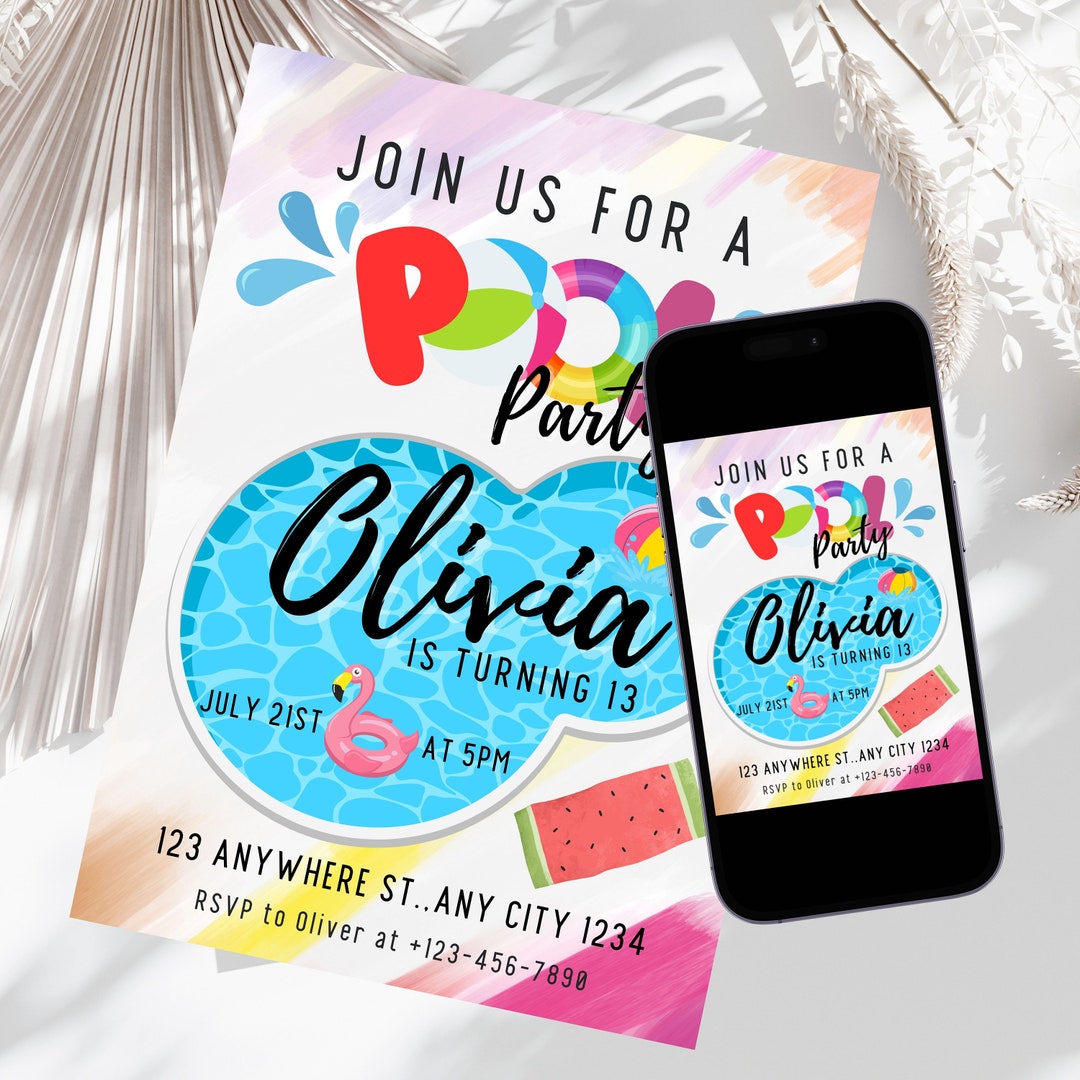 Pool Birthday Party Invitation for Kids, Printable Pool Theme Party ...