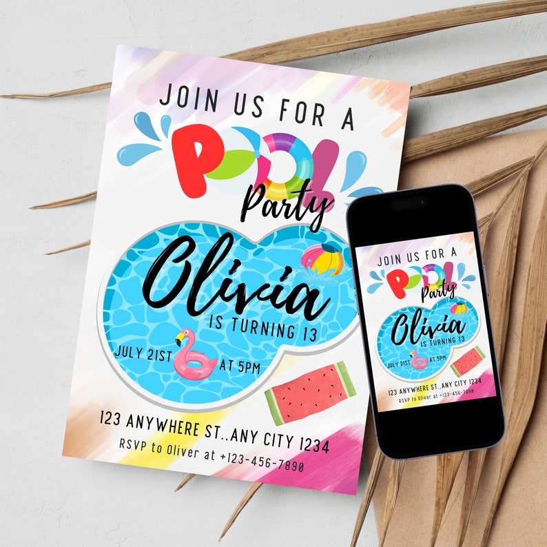 Pool Birthday Party Invitation for Kids, Printable Pool Theme Party ...