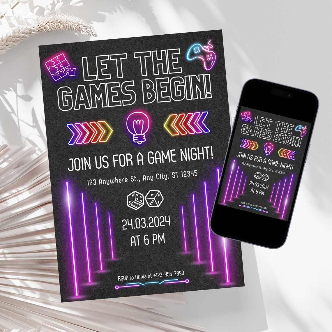 Game Night Party Invitation, Neon Let the Games Begin Digital Evite ...