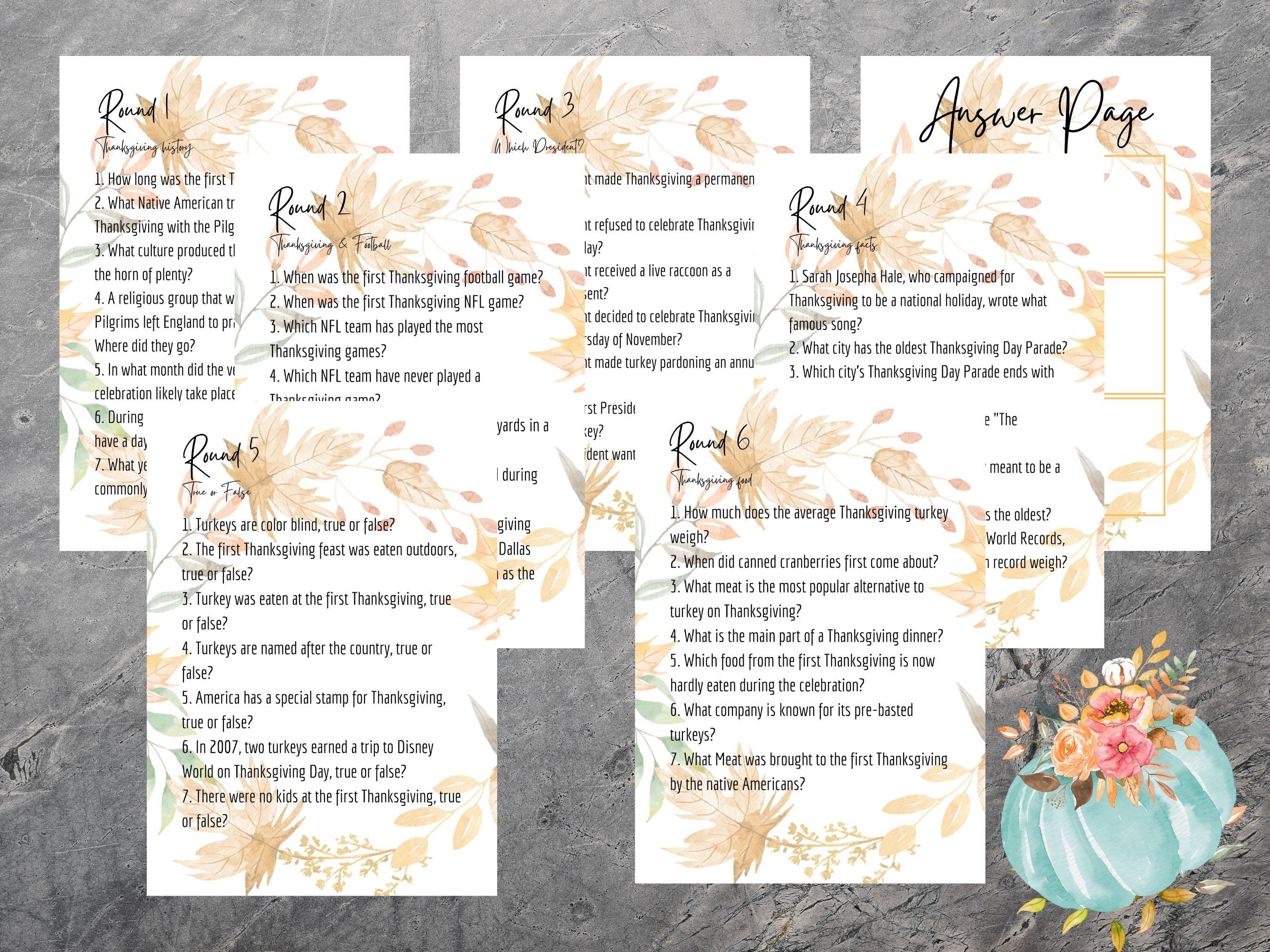 Printable THANKSGIVING TRIVIA GAME, Thanksgiving Family Game, Holiday ...