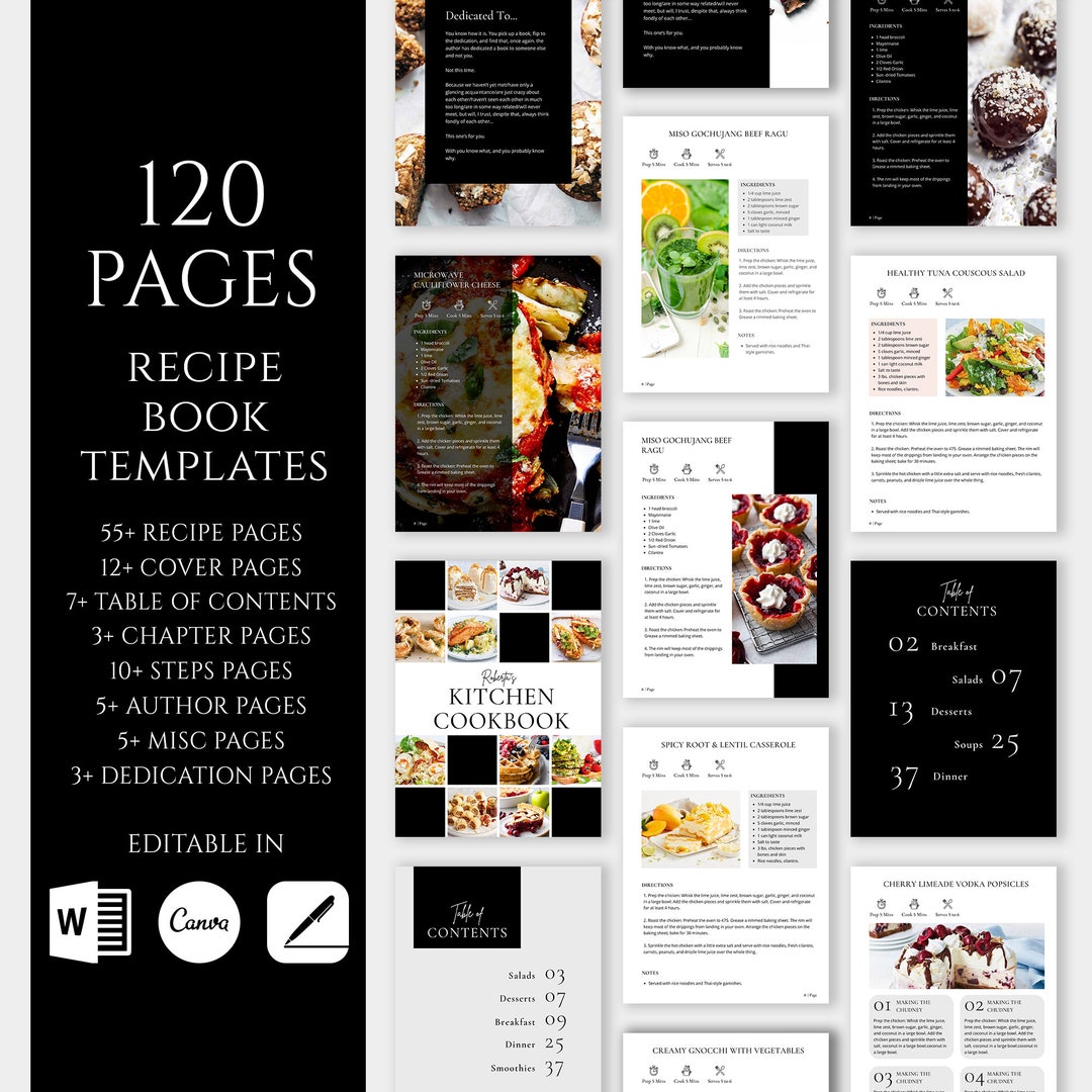 Recipe Book Template for Canva, MS Word and Mac Pages, Classic Editable Cookbook Template - Etsy