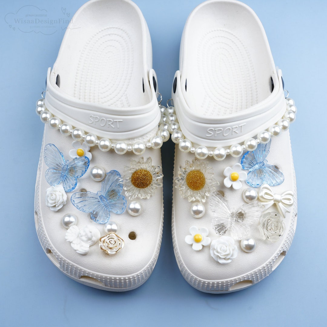 Blue Pink Butterfly Shoe Charms Set With Pearl Chain,sweet Girlish Shoe ...