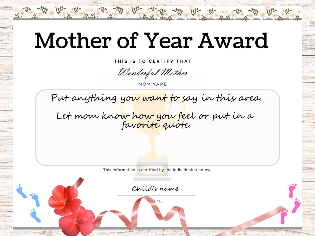 Mother's Day Printable Award - Etsy