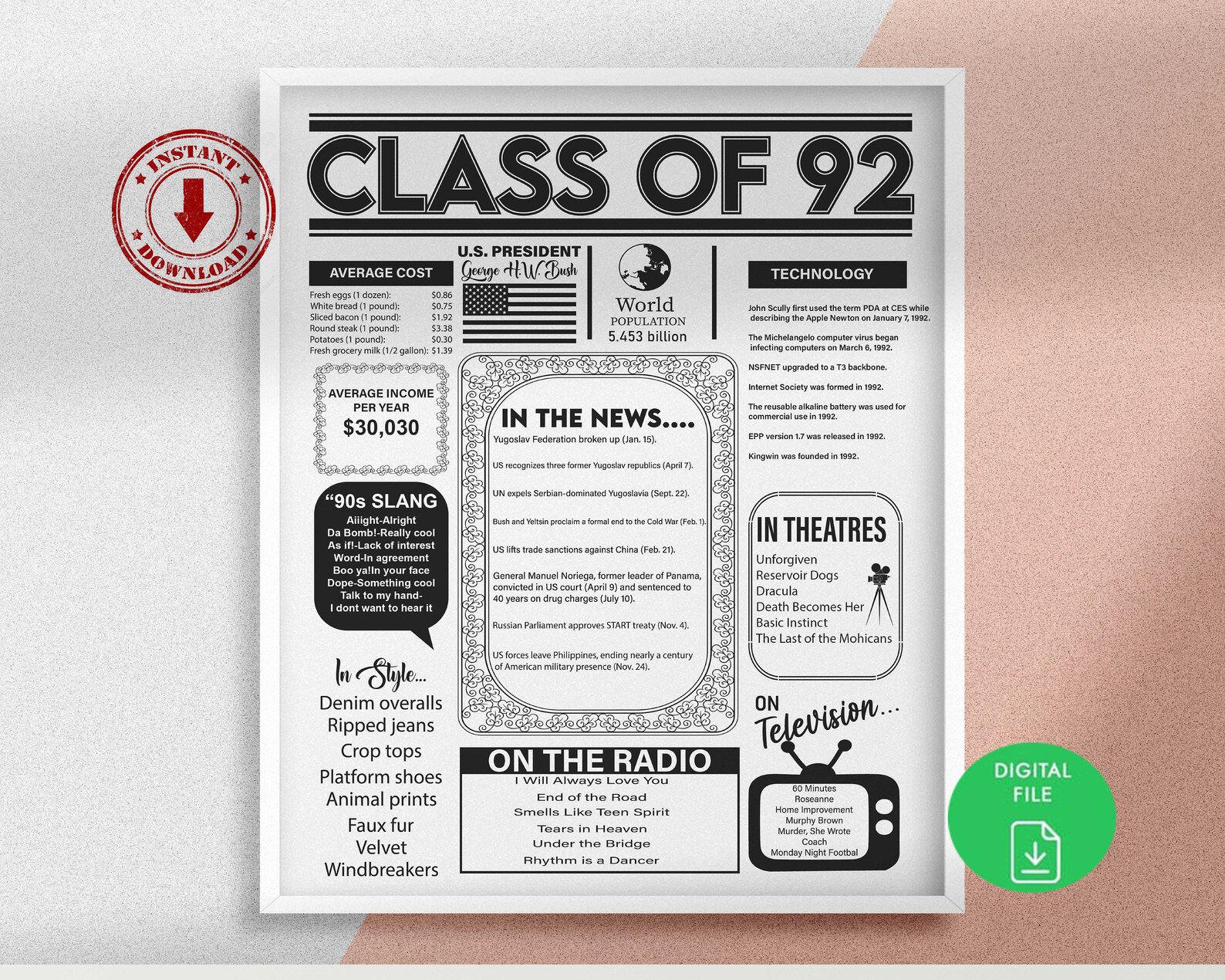 Class of 1992 PRINTABLE Sign, Class of 1992 Printable Poster, High ...