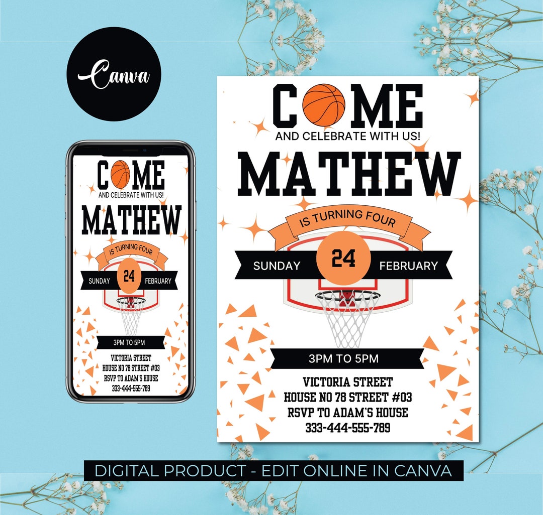 Basketball Birthday Invitation Template Printable, Editable Canva ...