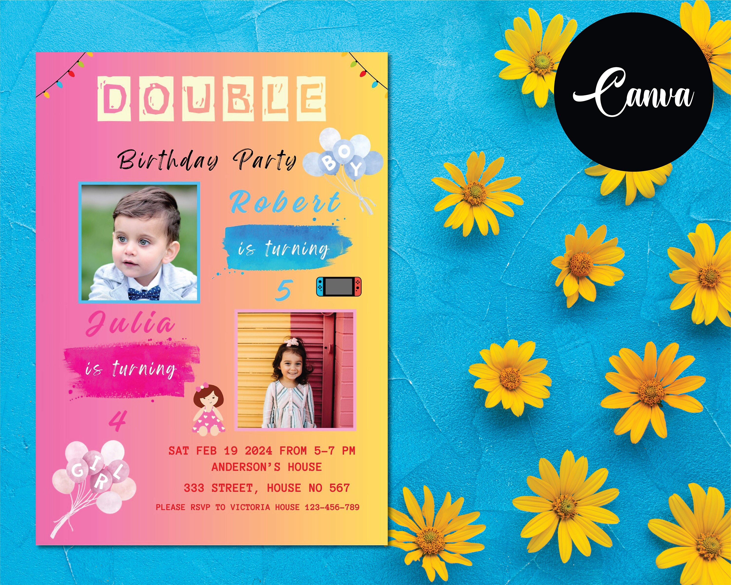 Editable Sibling Birthday Invitation, Double Birthday Invitation, Boy ...