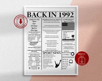 Back in 1992 PRINTABLE, 30th Birthday Poster, 1992 Poster, Birthday ...
