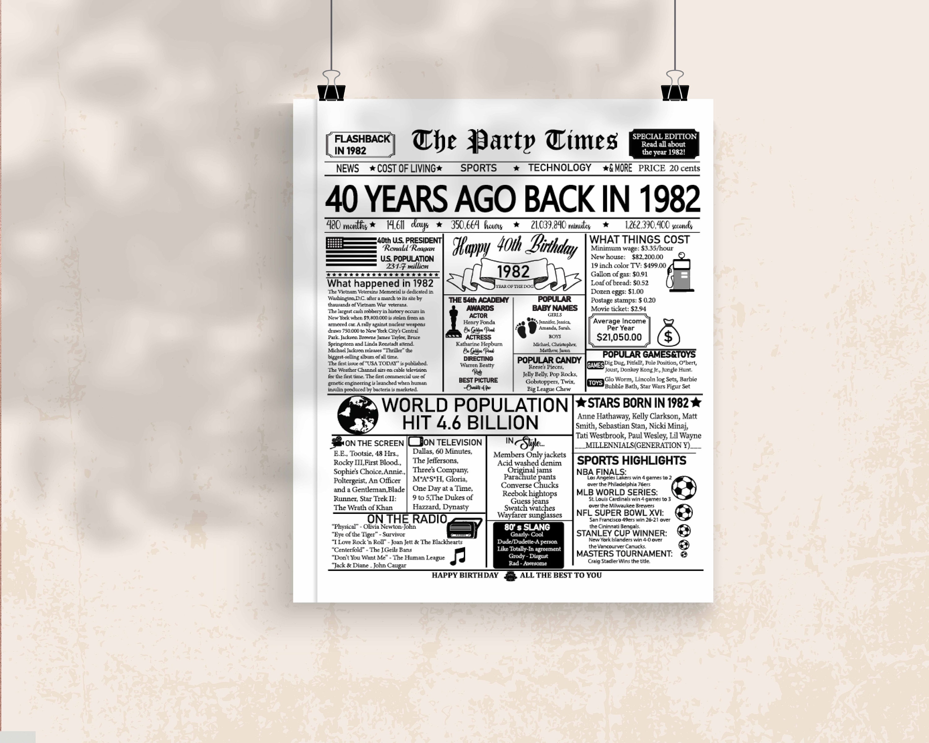 1982 Poster 41th Birthday Newspaper Sign 1982 Birthday - Etsy
