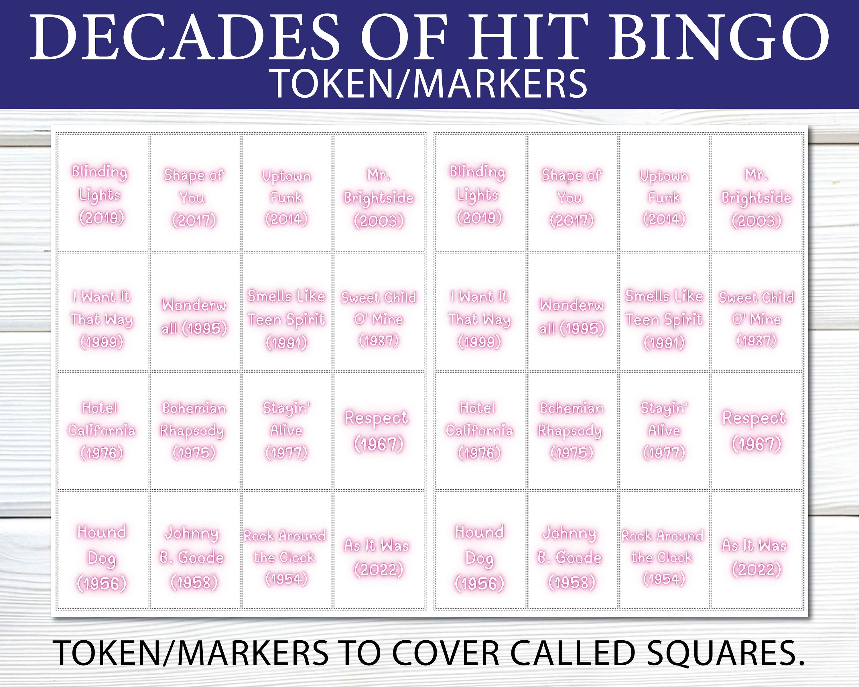 30 Decades of Hits Bingo Card, Family Night Gathering Printable, 70s ...