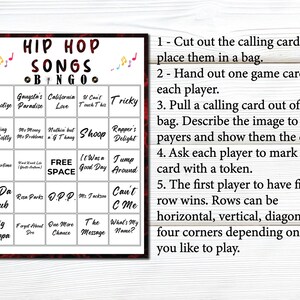 50 Hip Hop Songs Bingo Game Cards, Rap Music Party Activity, Birthday ...