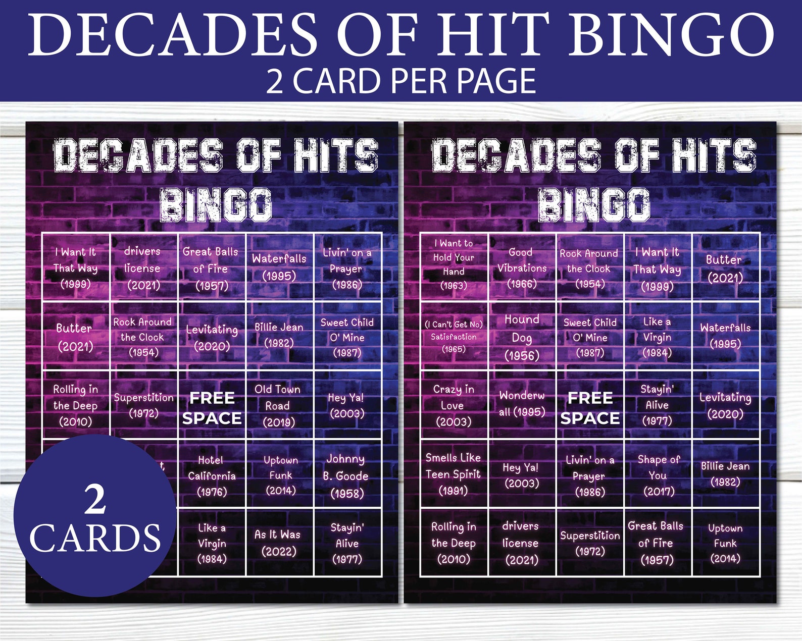 30 Decades of Hits Bingo Card, Family Night Gathering Printable, 70s ...