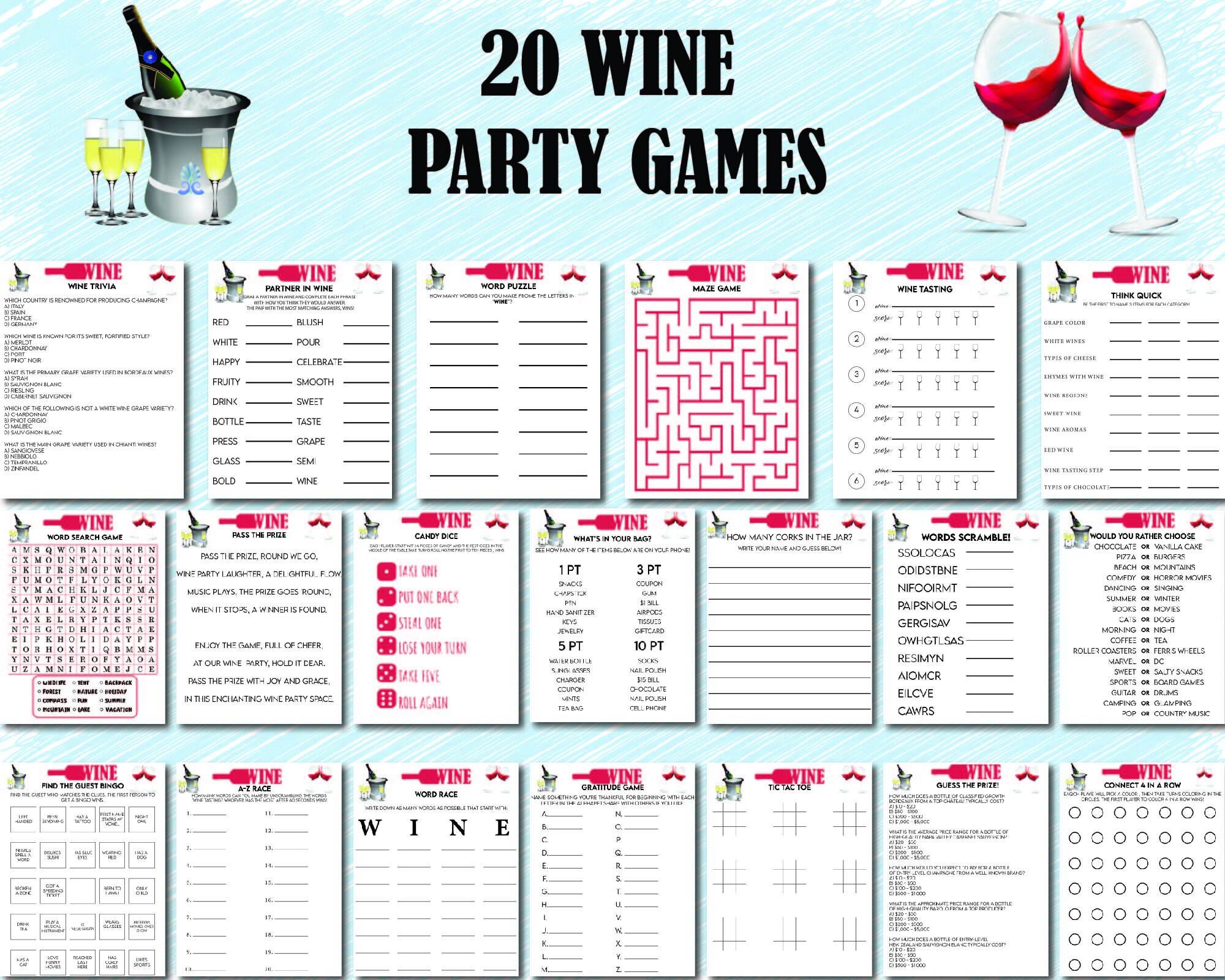 Wine Party Games, Wine Bingo, Wine Tasting Party, Wine Games, Wine ...