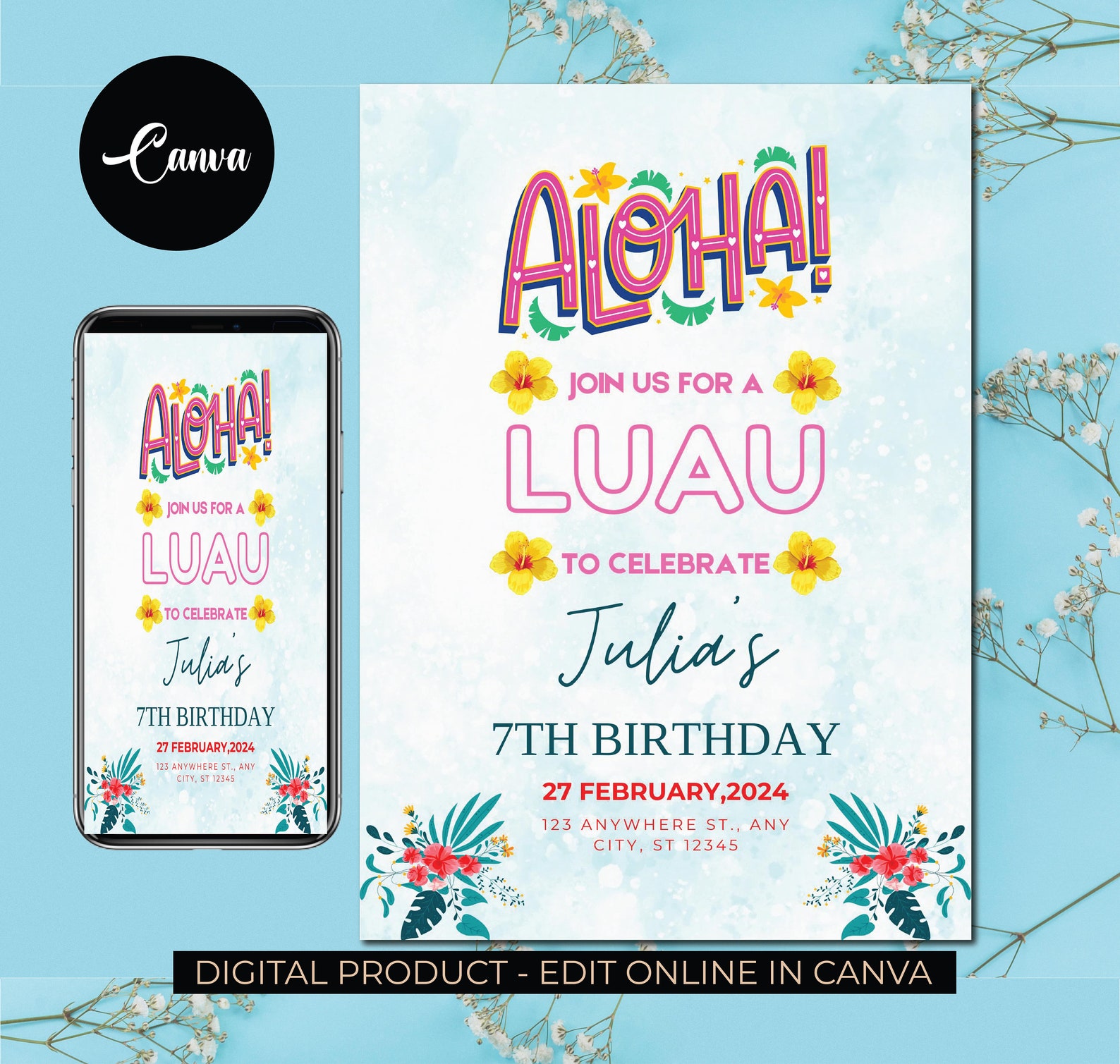 Editable Aloha Pool Party Invitation, Editable Templates, Tropical ...