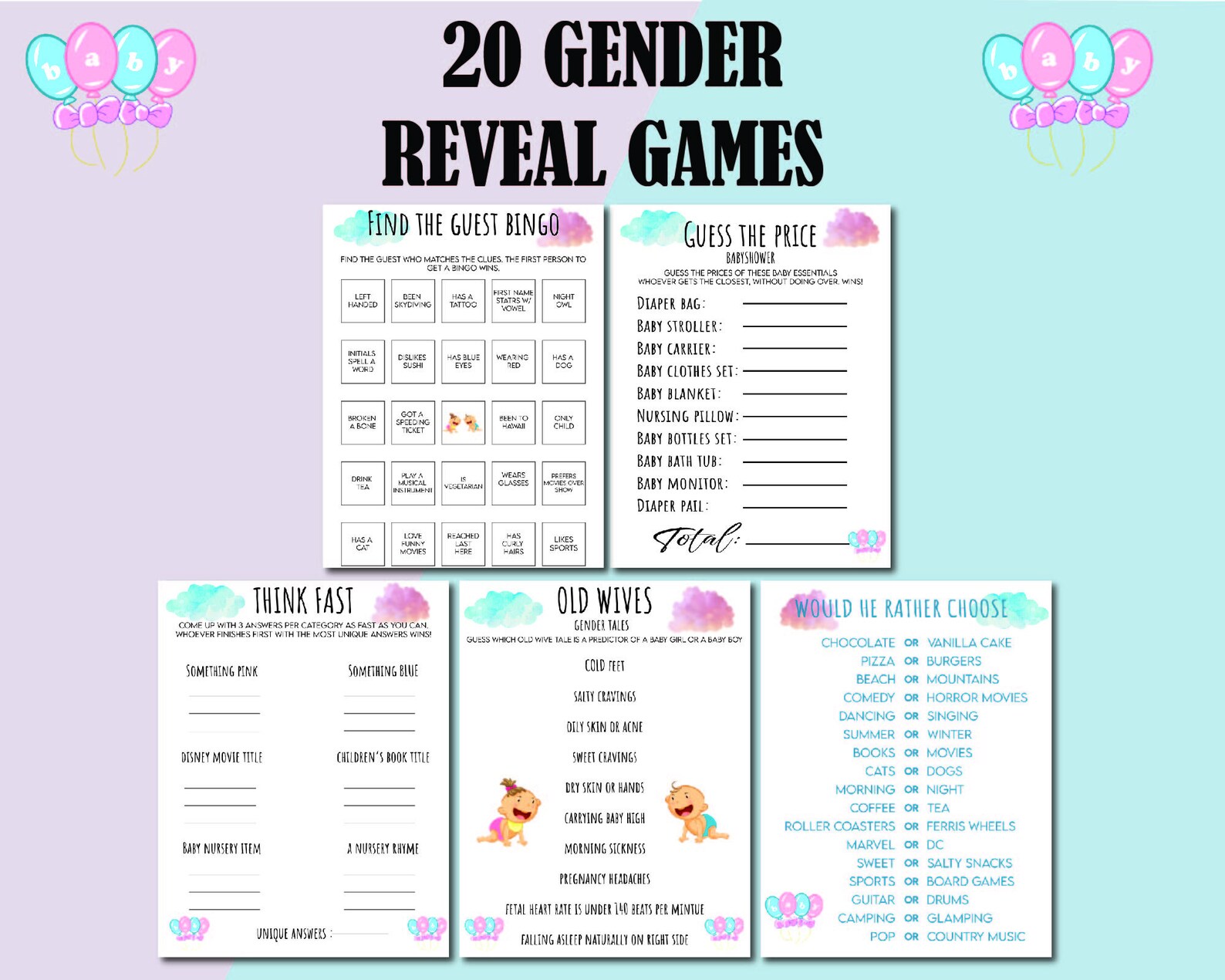 Gender Reveal Party Games, Printable Gender Reveal Activities, Gender Reveal Party, Gender ...