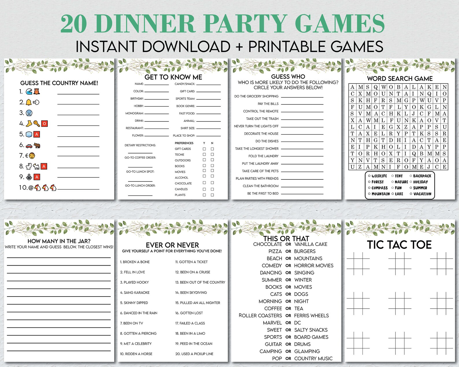 Dinner Party Games, Printable Dinner Party Games, Dinner Games, Dinner ...