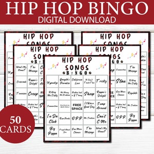 50 Hip Hop Songs Bingo Game Cards, Rap Music Party Activity, Birthday ...