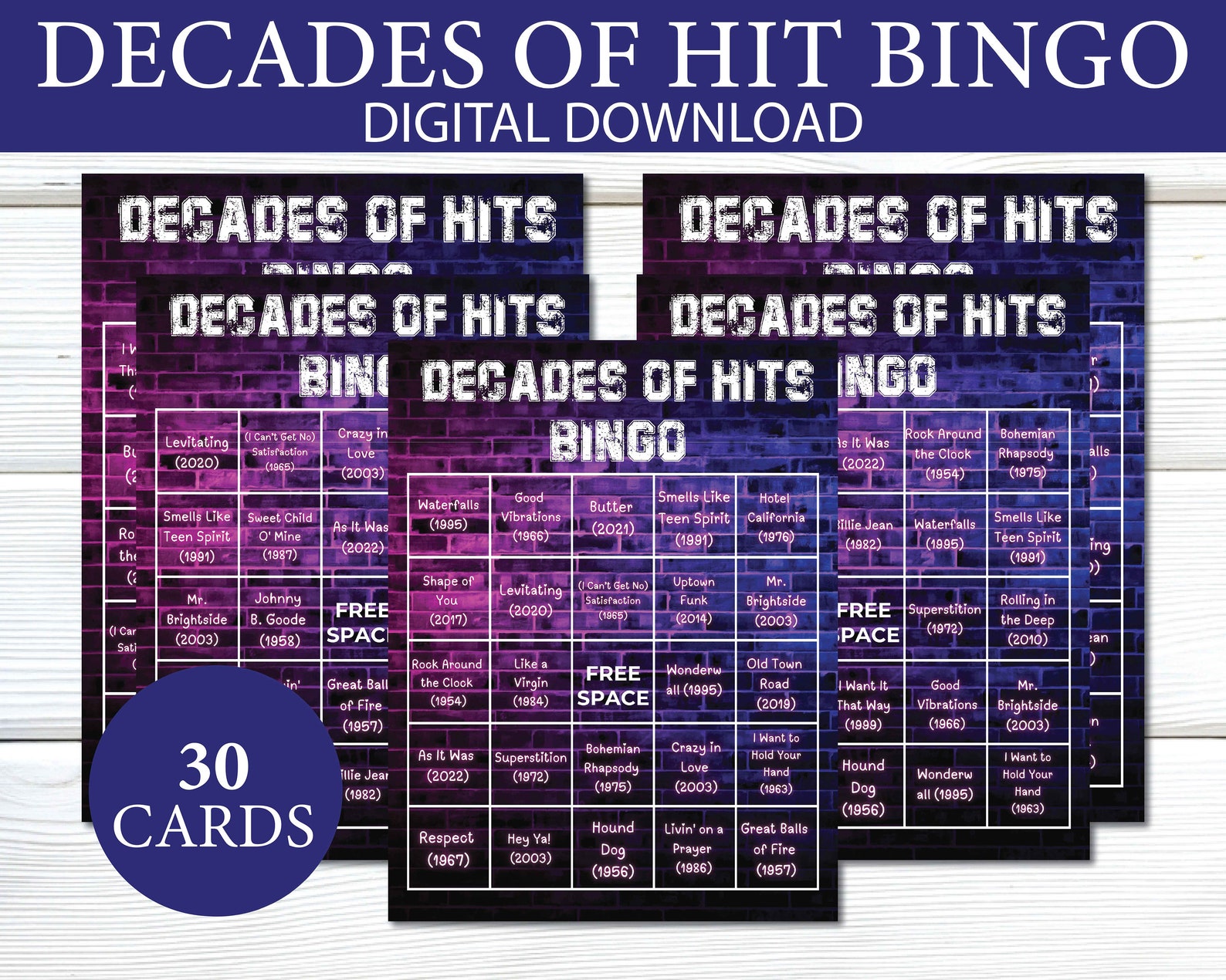 30 Decades of Hits Bingo Card, Family Night Gathering Printable, 70s ...