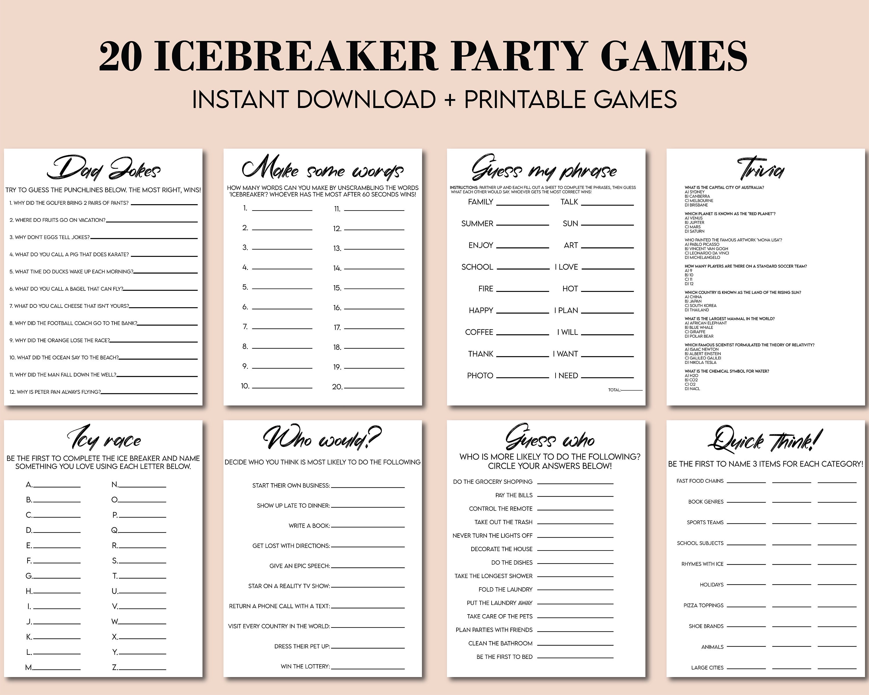 Icebreaker Party Games, Ice Breaker Games Bundle, Ice Breaker Questions ...