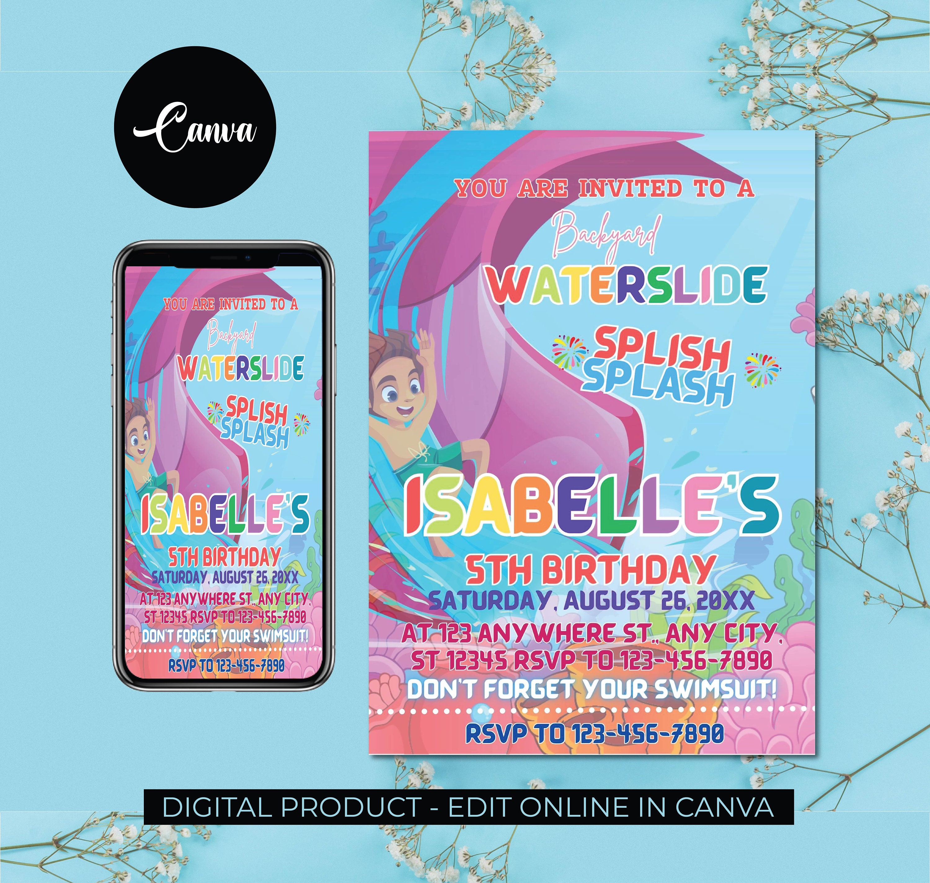 Editable Water Slide Birthday Splash Party Invitation, Slide Invitation ...