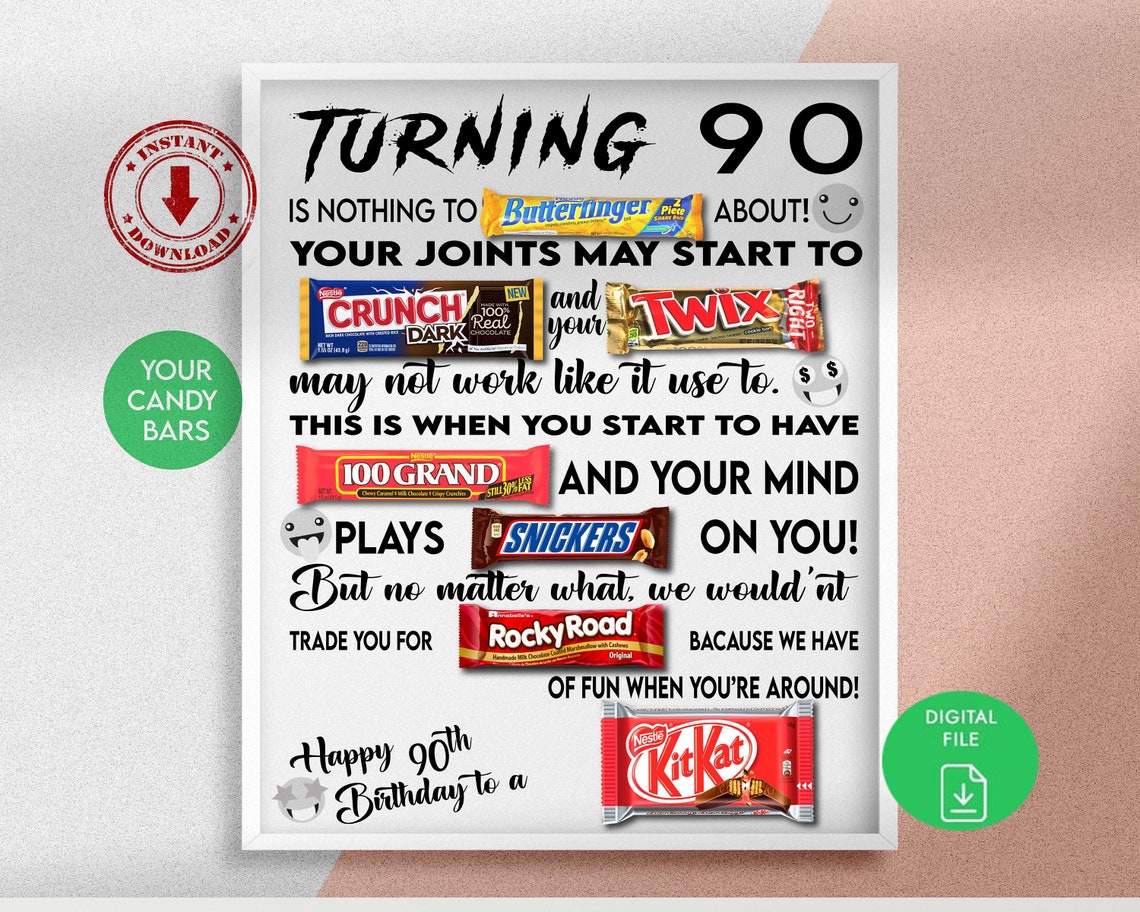 90th Birthday PRINTABLE Candy Poster, 90th Poster, Birthday Candy Sign ...