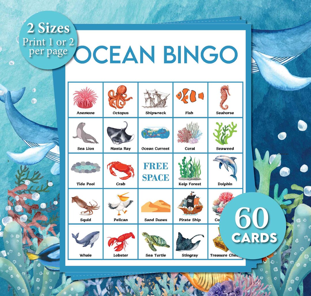 60 Printable Ocean Bingo Cards, Ocean Bingo, Under the Sea Bingo, Ocean ...