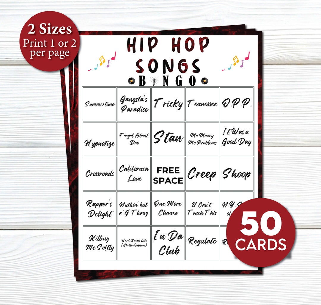 50 Hip Hop Songs Bingo Game Cards, Rap Music Party Activity, Birthday ...