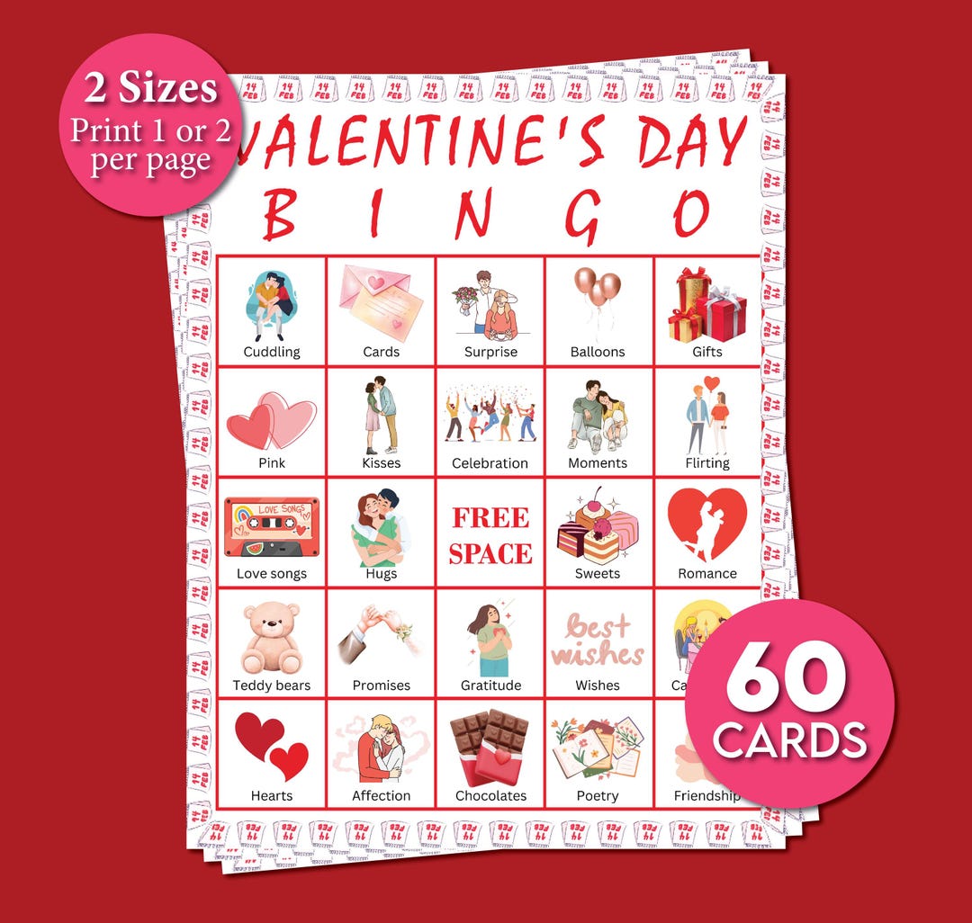 60 Valentines Bingo Game Cards Printable, Valentine's Day Bingo Cards ...