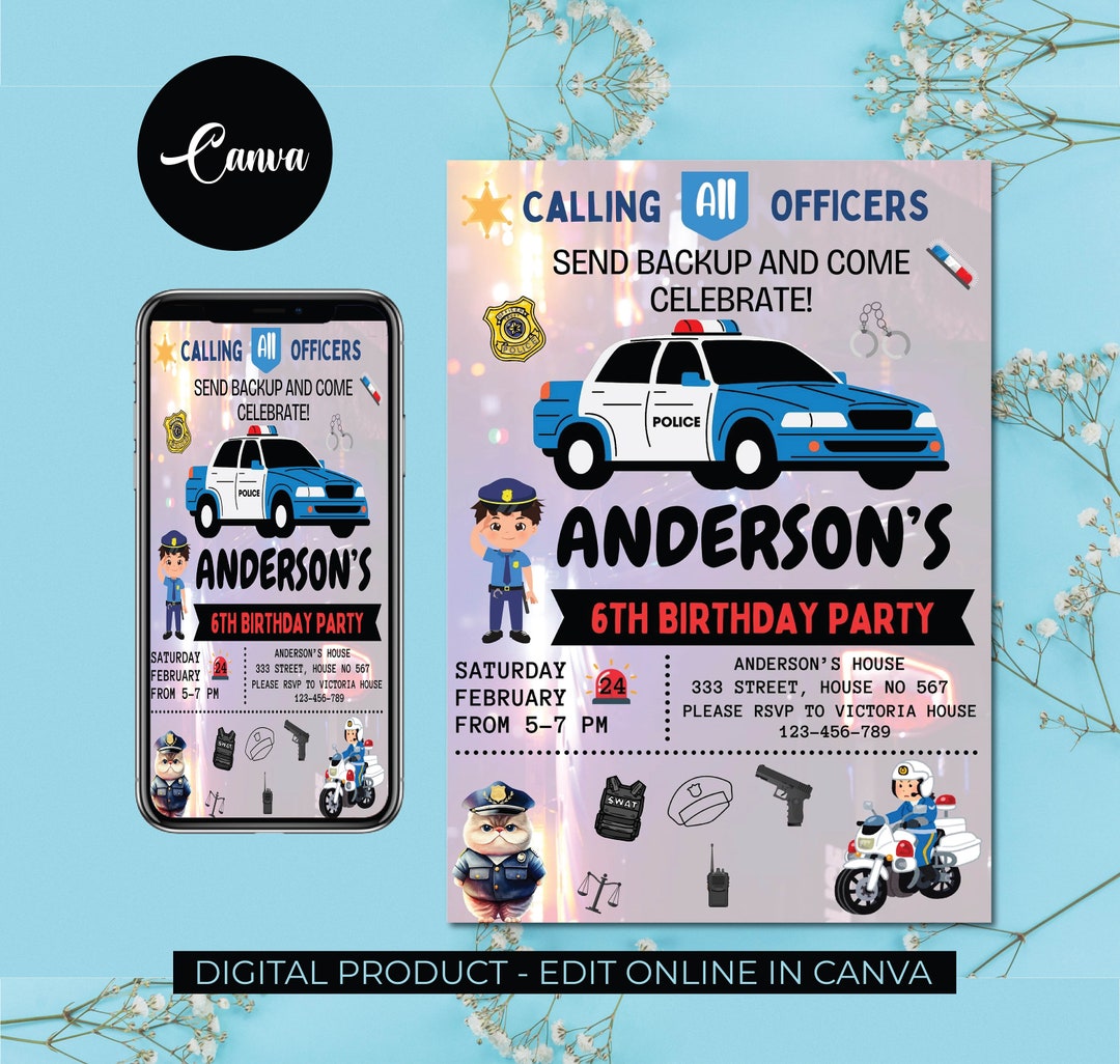 Editable Police Birthday Invitation Template, Police Officer Invitation ...