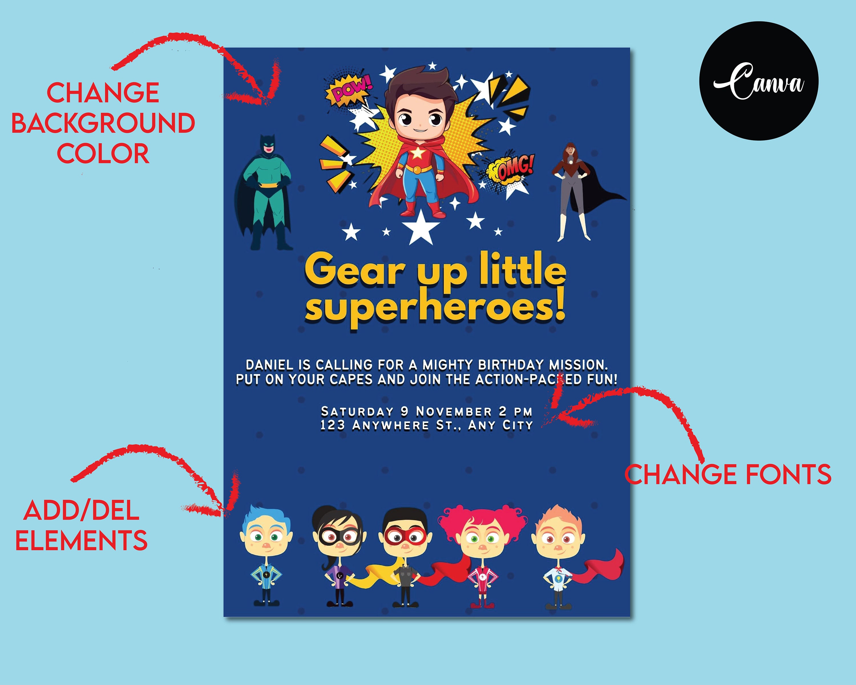 Editable Superheroes Birthday Invitation Template, Printable Birthday ...