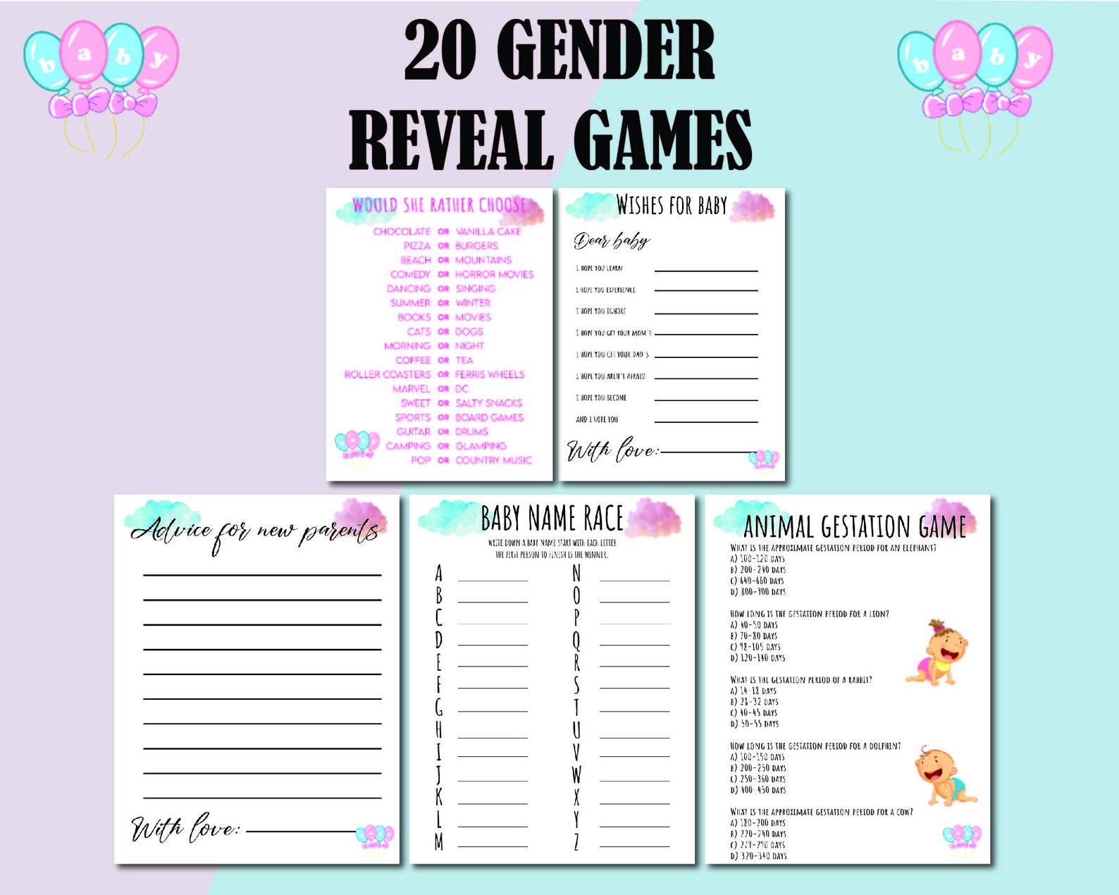 Gender Reveal Party Games, Printable Gender Reveal Activities, Gender Reveal Party, Gender ...