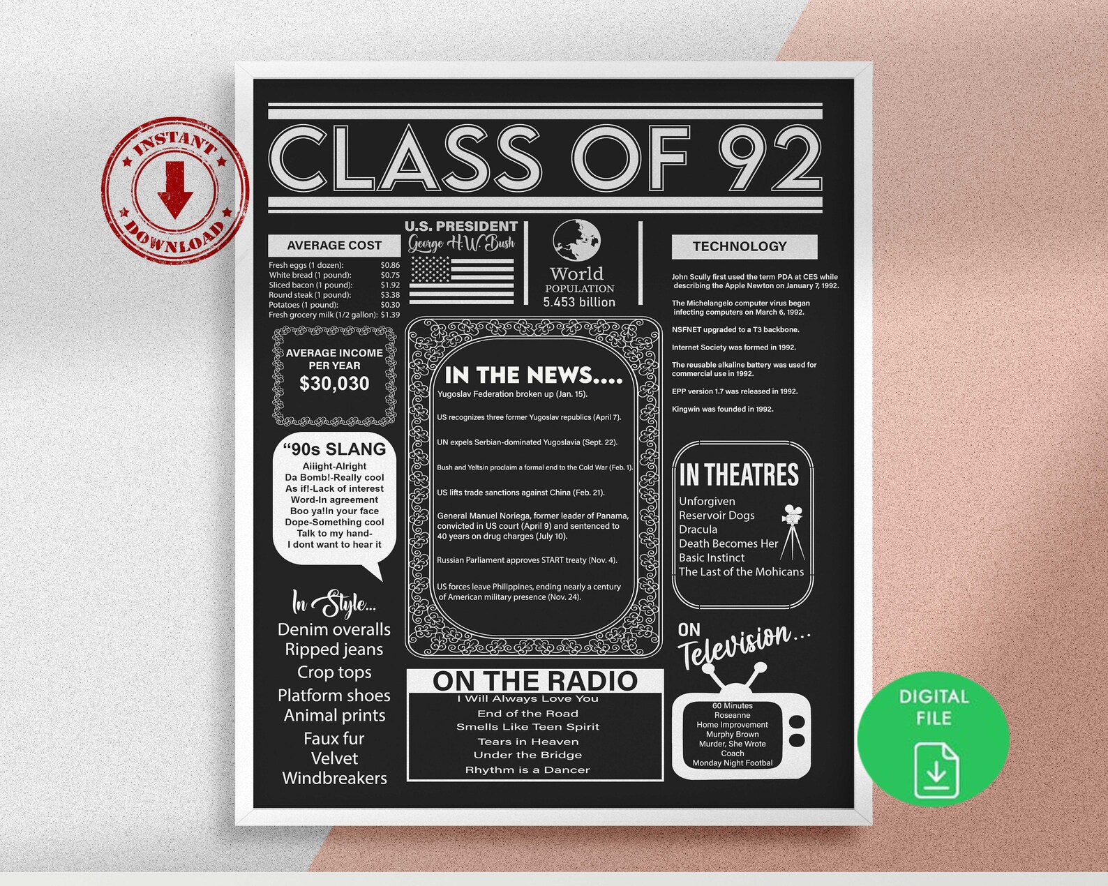 Class of 1992 PRINTABLE Sign, Class of 1992 Printable Poster, High ...