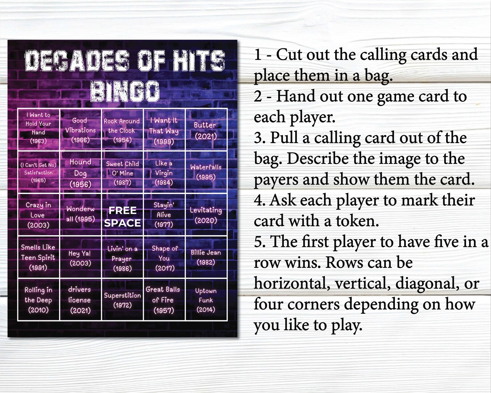 30 Decades of Hits Bingo Card, Family Night Gathering Printable, 70s ...