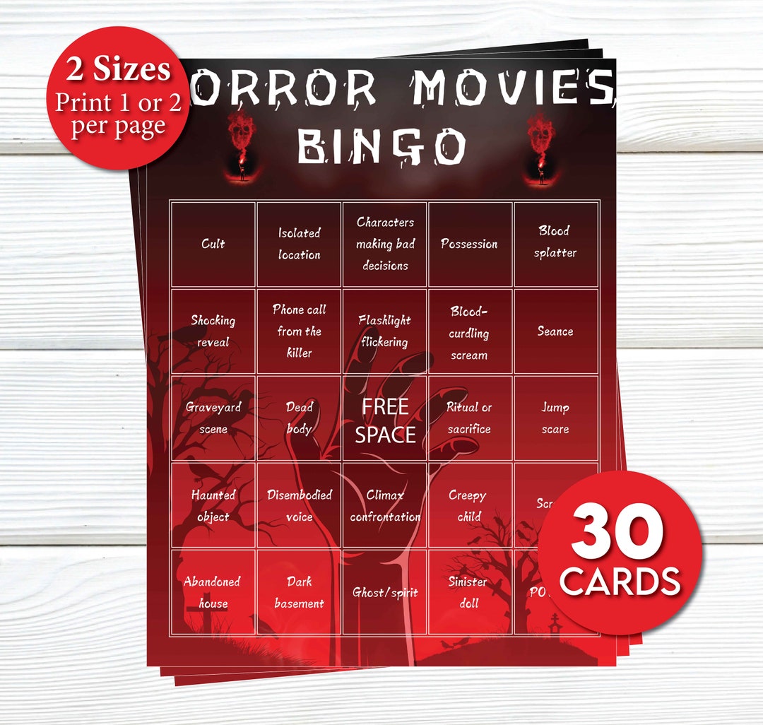 30 Horror Movie Bingo Cards, Movie Night Bingo, Anniversary, Halloween ...