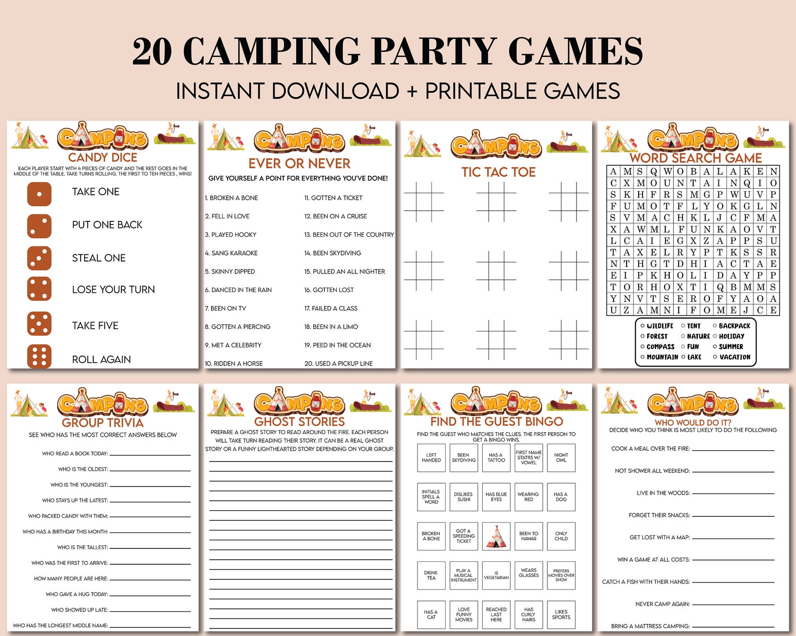 Camping Games Bundle, Camping Games Kids Adults, Campfire Games ...