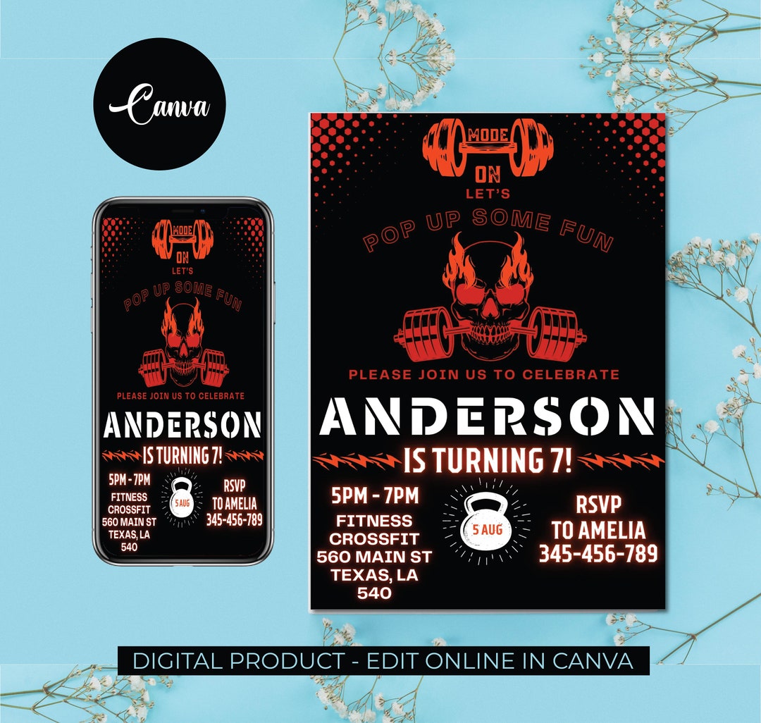 Editable Fitness Gym Birthday Invitation, Digital Kids Party Invite ...