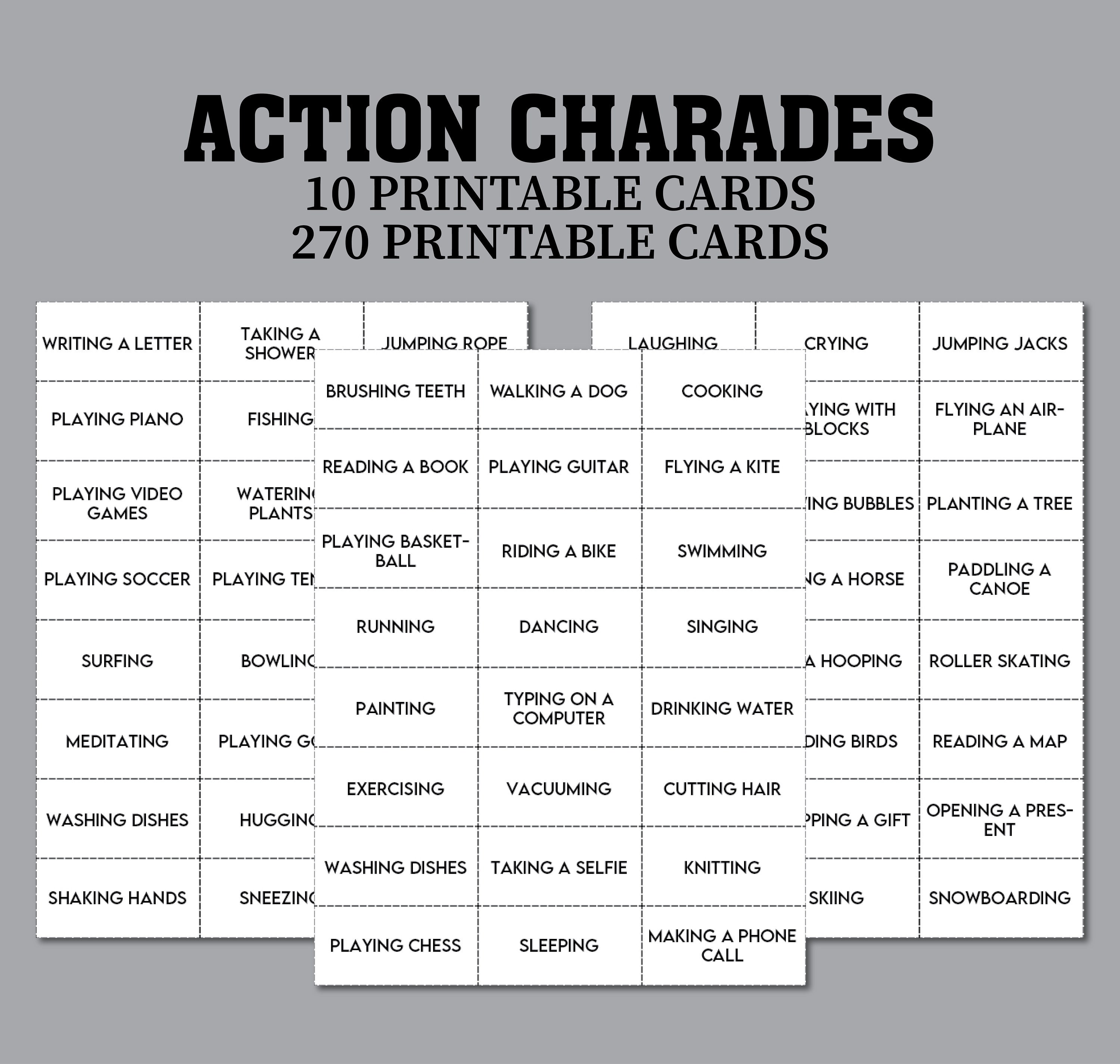 270 Printable Charades, Action Charades For, Printable Party Game ...